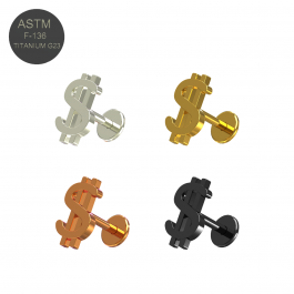 G23 Grade Titanium Gold Anodized Dollar Sign Tragus Top Push Fit With ...
